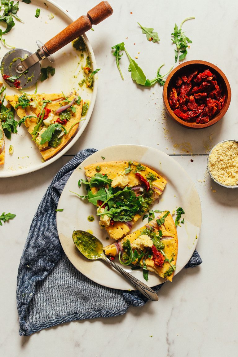 Socca Pizza with Sun-Dried Tomatoes & Pesto | Minimalist Baker Recipes