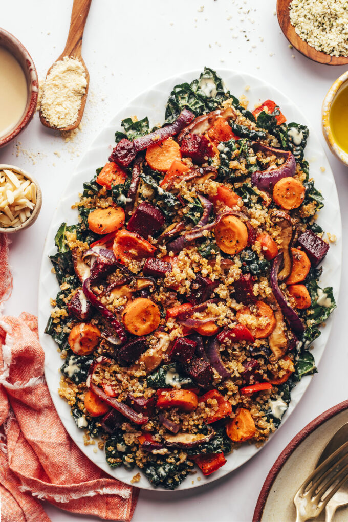 Crispy Quinoa & Roasted Vegetable Kale Salad - Minimalist Baker